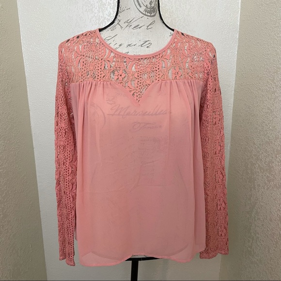Double Zero | Tops | Double Zero Peach Long Sleeve Sheer Blouse W Lace ...